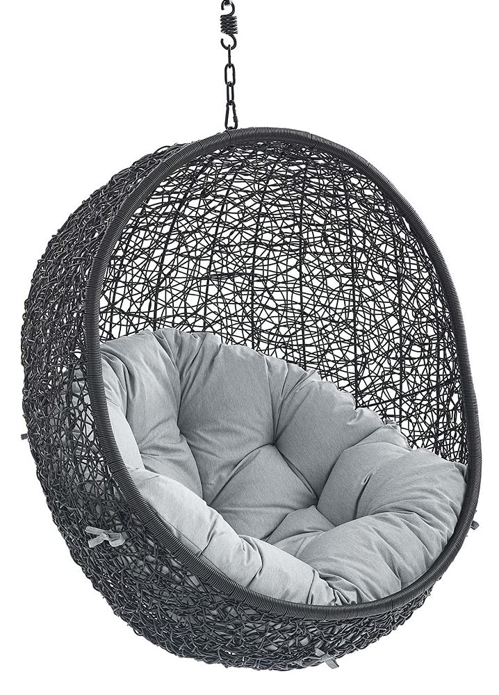 Modway EEI-3635-BLK-GRY Encase Wicker Rattan Outdoor Patio Swing Chair with Hanging Steel Chain in Black Gray