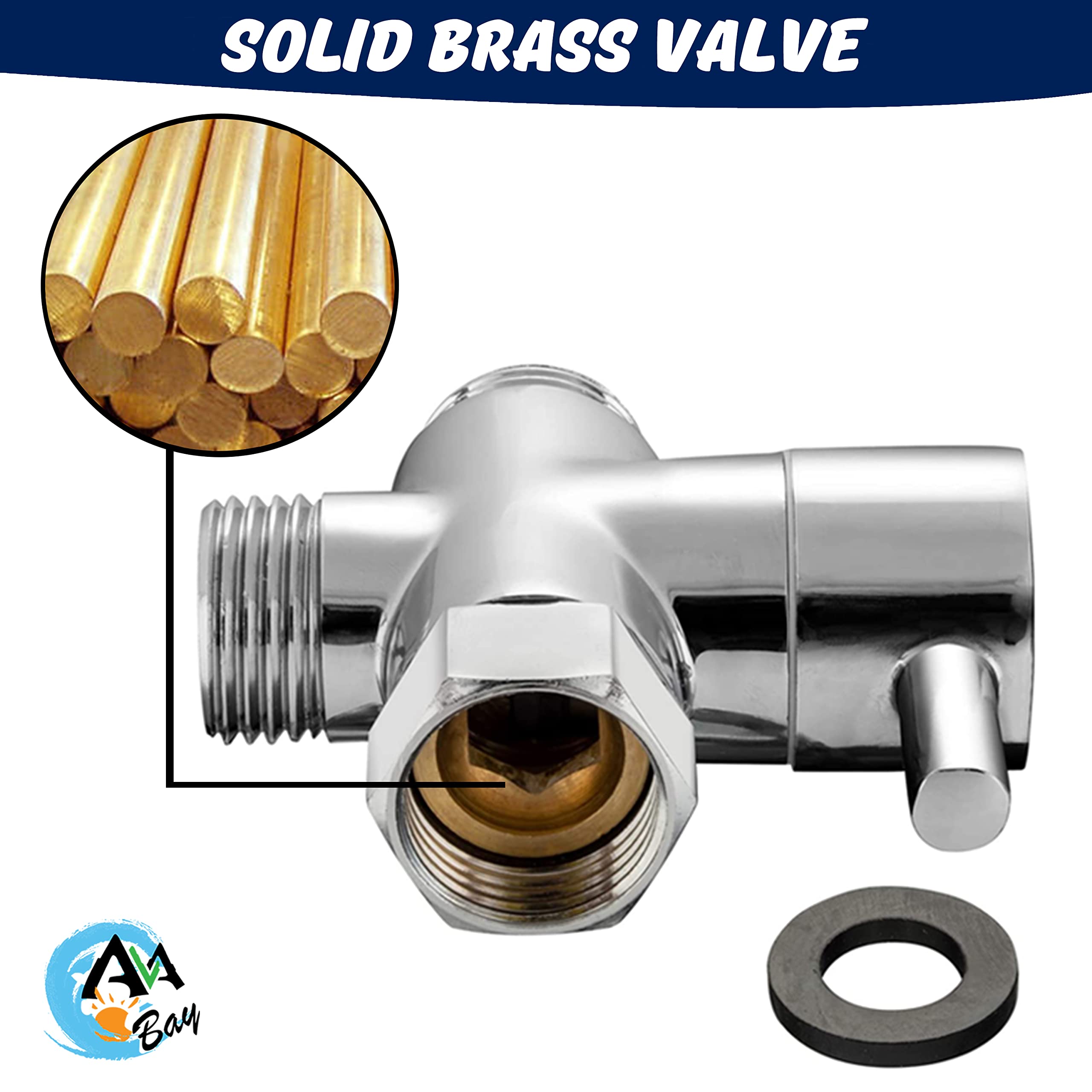 AVAbay All Brass T-Valve with Shut-Off Adapter, 3-Way Tee Connector with Chrome Finish, 3-Way T-Adapter with Shut Off Valve, T Adapter for Handheld Toilet Bidet Spray, 7/8"×7/8"×G1/2