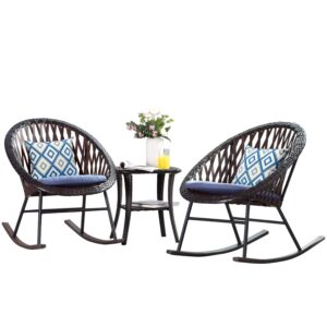 ovios 3 Piece Patio Rocking Bistro Set,Patio Outdoor Furniture, Porch Rocking Chairs Conversation Sets with Glass Coffee Table for Small Space,Deck,Terrace (Blue)