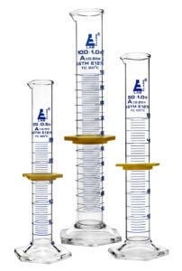 eisco premium graduated cylinder set - 25ml, 50ml & 100ml - astm, class a - protective collars, hexagonal base - blue graduations - borosilicate 3.3 glass