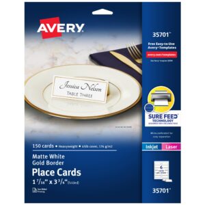 avery printable place cards with sure feed technology, 1-7/16" x 3-3/4", white with gold border, 150 blank tent cards for laser or inkjet printers (35701)