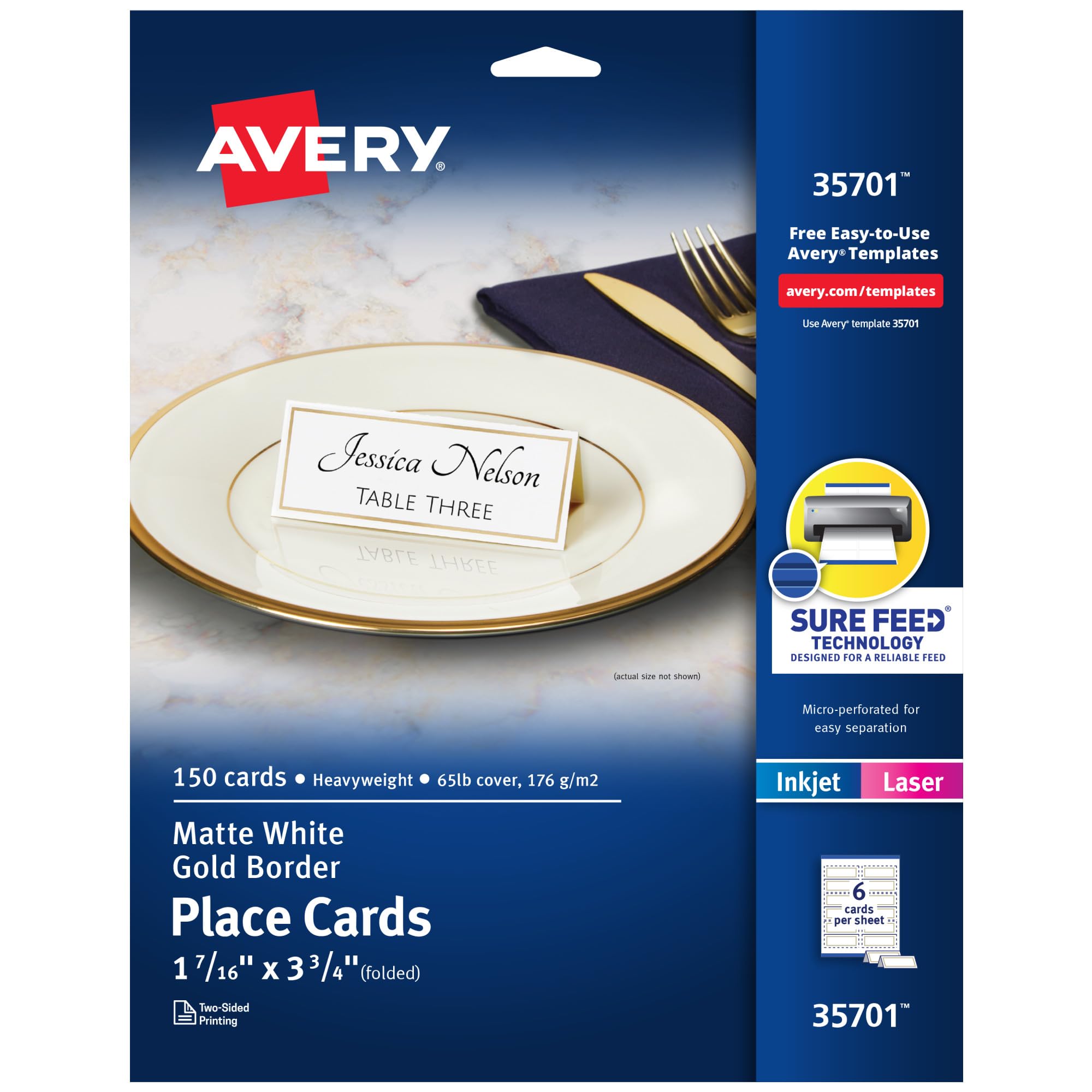 Avery Printable Place Cards with Sure Feed Technology, 1-7/16" x 3-3/4", White with Gold Border, 150 Blank Tent Cards for Laser or Inkjet Printers (35701)