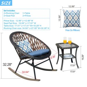 ovios 3 Piece Patio Rocking Bistro Set,Patio Outdoor Furniture, Porch Rocking Chairs Conversation Sets with Glass Coffee Table for Small Space,Deck,Terrace (Blue)