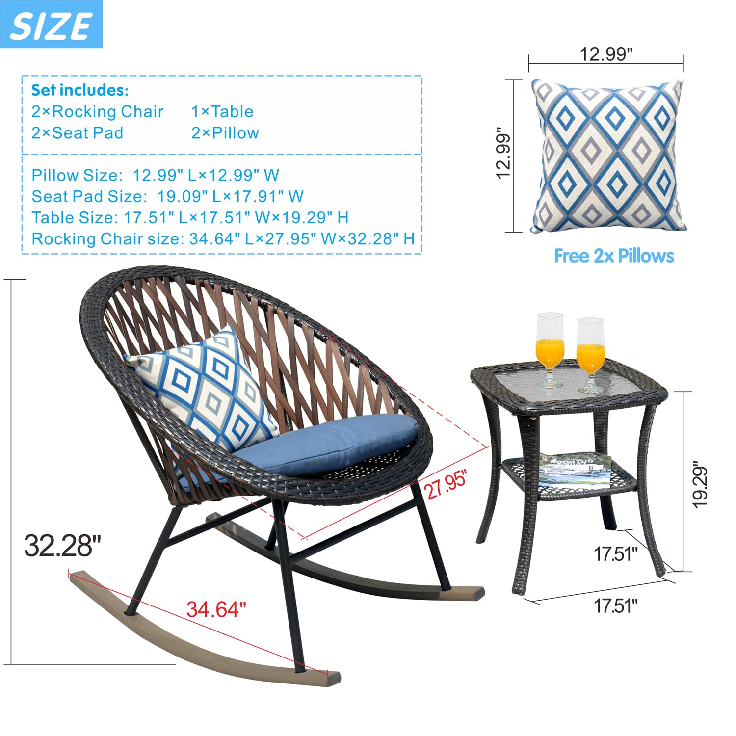 ovios 3 Piece Patio Rocking Bistro Set,Patio Outdoor Furniture, Porch Rocking Chairs Conversation Sets with Glass Coffee Table for Small Space,Deck,Terrace (Blue)