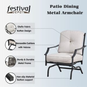 Festival Depot Patio Set of 2 Metal Dining Chairs with Thick Cushions Outdoor Furniture for Bistro Deck Garden (Beige)