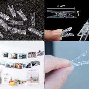 Yansanido 100pcs Mini Clear Plastic Utility Paper Clip, Clothespins Clips, Clothes Line String Clips, Mini Clothes Pins for Photo for String Fairy Lights Color Clear(100pcs Clear Plastic Clips)