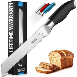 zulay serrated bread knife - stainless steel bread knife for homemade bread, cake, bagel - one piece bread cutter & slicer with tip safety guard - sharp 8-inch blade & 5-inch handle (black)