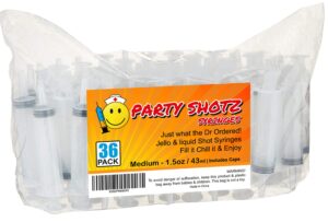 party shotz jello shot syringes (large 2oz with caps) plastic reusable shots for halloween, christmas, thanksgiving, bachelorette parties favors - 60ml (2oz jello syringes, 36)