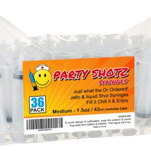 Party Shotz Jello Shot Syringes (Large 2oz with CAPS) Plastic Reusable Shots for Halloween, Christmas, Thanksgiving, Bachelorette Parties Favors - 60ml (2oz Jello Syringes, 36)