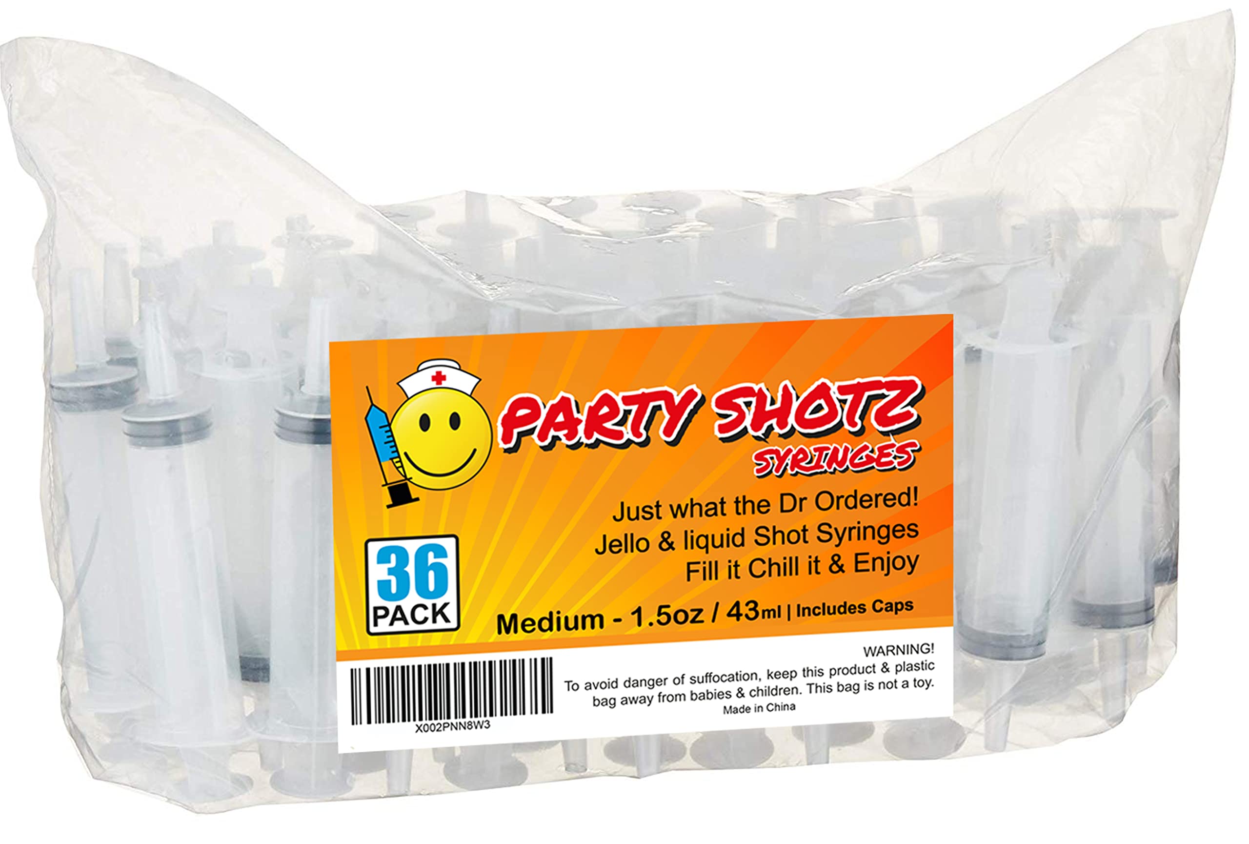 Party Shotz Jello Shot Syringes (Large 2oz with CAPS) Plastic Reusable Shots for Halloween, Christmas, Thanksgiving, Bachelorette Parties Favors - 60ml (2oz Jello Syringes, 36)