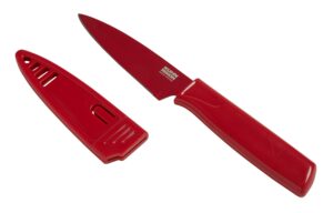 kuhn rikon colori non-stick straight paring knife with safety sheath, 4 inch/10.16 cm blade, red