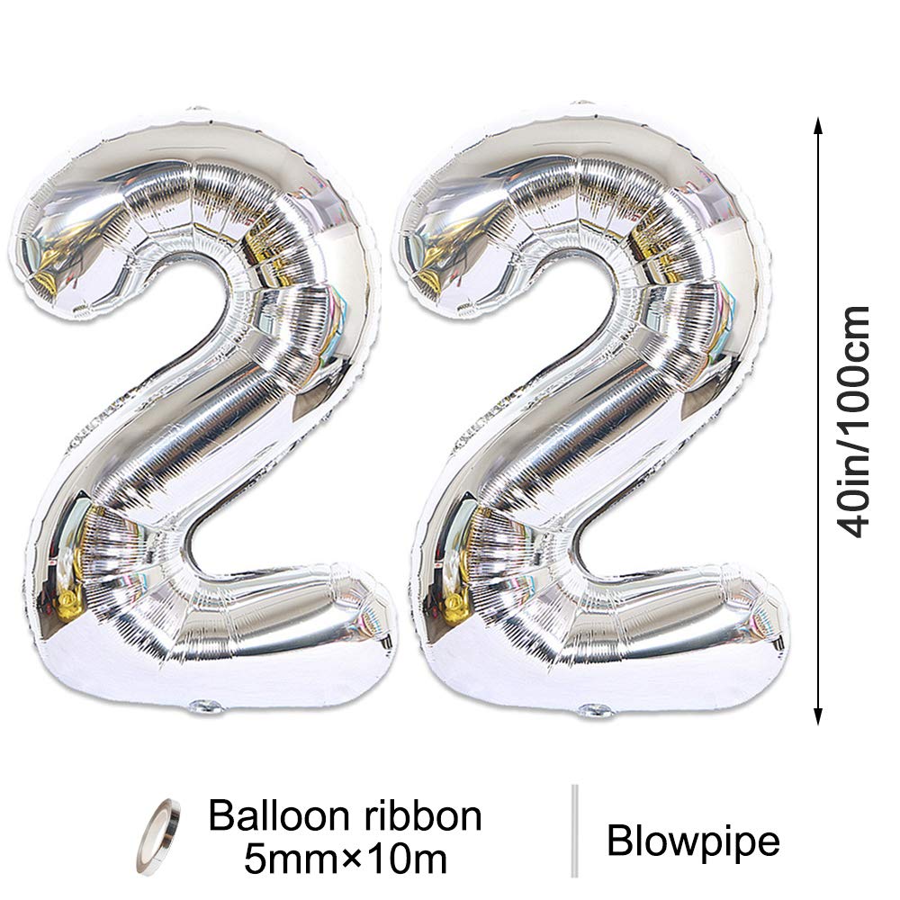 2pcs 40 Inch Number Balloon Foil Balloons Number 22 Jumbo Giant Balloons Prom Balloon Mylar Huge Number Balloon for Birthday Party Decoration Wedding Anniversary, XXXL Silver 22 Number Balloon