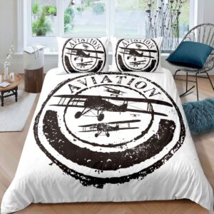 feelyou aviation bedding set for teens boys,black and white vintage aircraft comforter cover kids child,retro hipster lightweight soft,decor queen size 3 pcs (1duvet cover+2 pillowcases),zipper