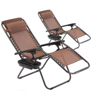 vnewone zero gravity chair set of 2 patio folding anti reclining lounge deck foldable yard with pillow and cup holder, brown