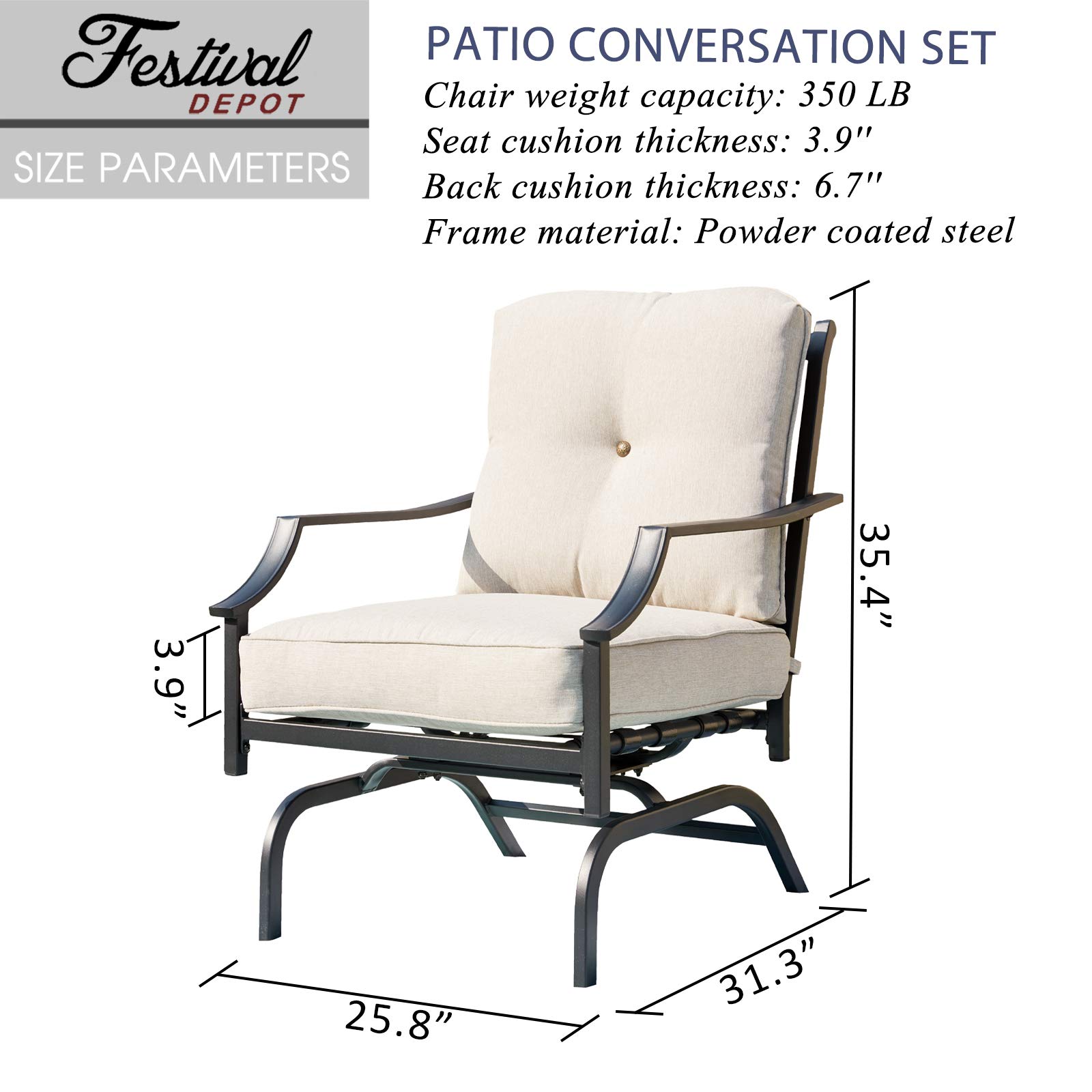 Festival Depot Patio Set of 2 Metal Dining Chairs with Thick Cushions Outdoor Furniture for Bistro Deck Garden (Beige)