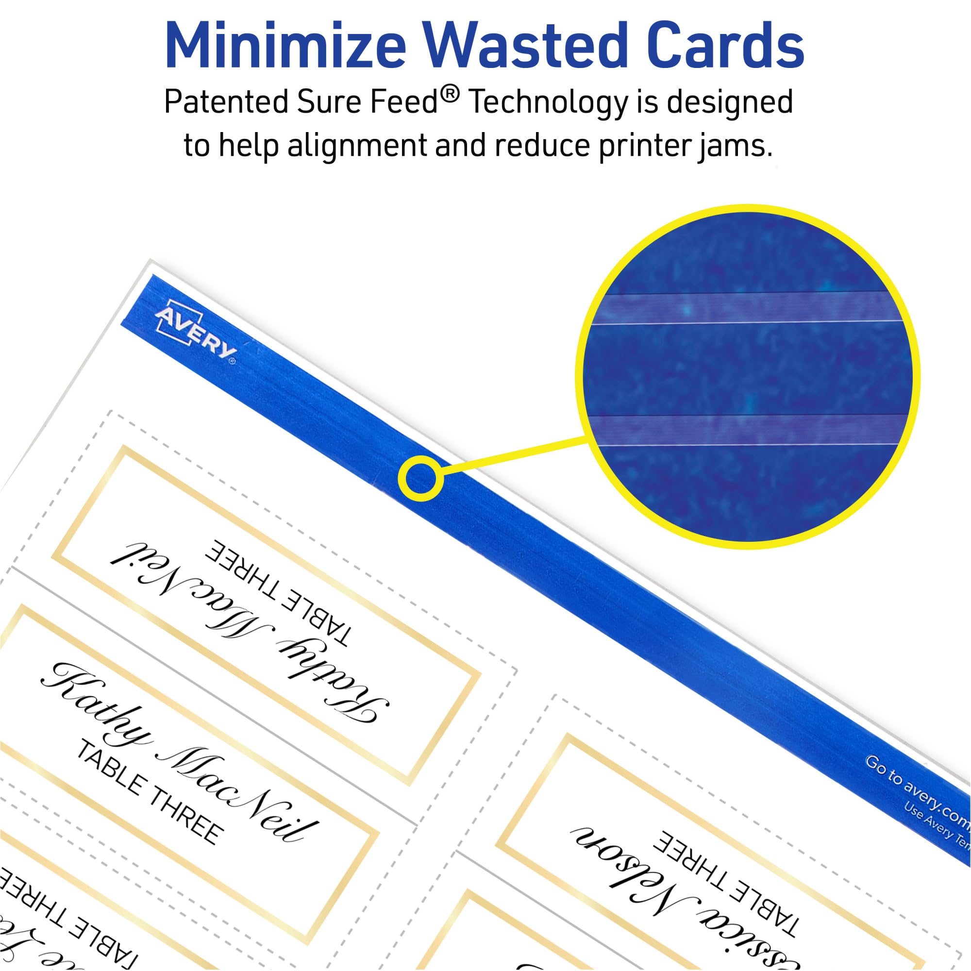 Avery Printable Place Cards with Sure Feed Technology, 1-7/16" x 3-3/4", White with Gold Border, 150 Blank Tent Cards for Laser or Inkjet Printers (35701)