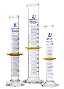 eisco premium graduated cylinder set - 50ml, 100ml & 250ml - astm, class a - protective collars, hexagonal base - blue graduations - borosilicate 3.3 glass