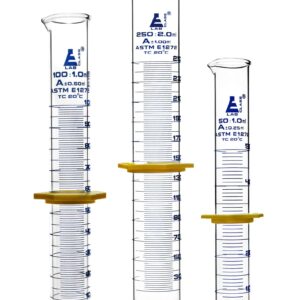 EISCO Premium Graduated Cylinder Set - 50mL, 100mL & 250mL - ASTM, Class A - Protective Collars, Hexagonal Base - Blue Graduations - Borosilicate 3.3 Glass