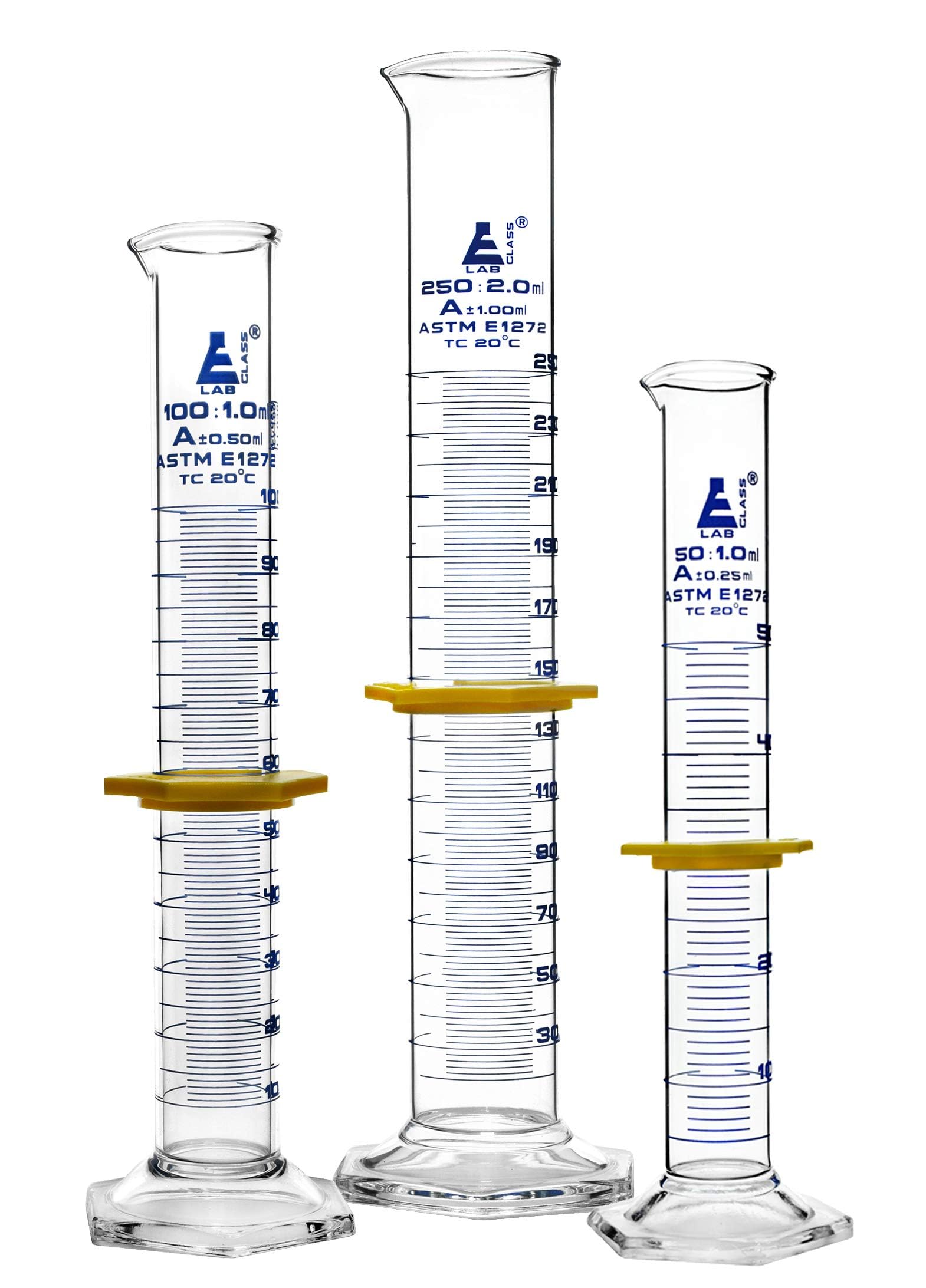 EISCO Premium Graduated Cylinder Set - 50mL, 100mL & 250mL - ASTM, Class A - Protective Collars, Hexagonal Base - Blue Graduations - Borosilicate 3.3 Glass