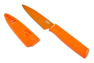 kuhn rikon colori non-stick straight paring knife with safety sheath, 4 inch/10.16 cm blade, tangerine