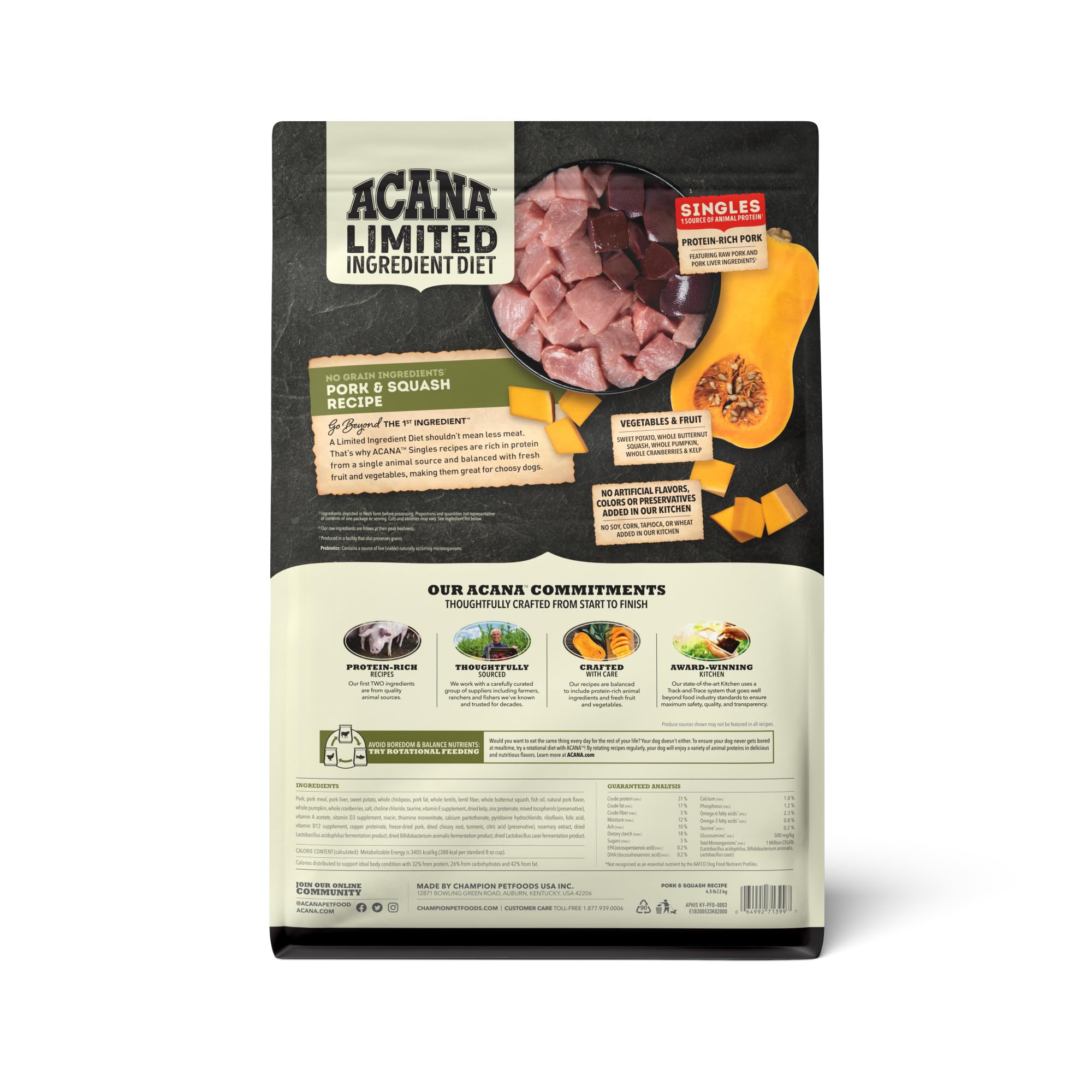 ACANA Singles Limited Ingredient Dry Dog Food, Grain Free, High Protein, Pork & Squash Recipe, 4.5 lb