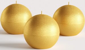 set of 3 sphere ball candles 3" unscented handpoured for weddings, home decoration, church, restaurant, spa, smokeless cotton wick - gold