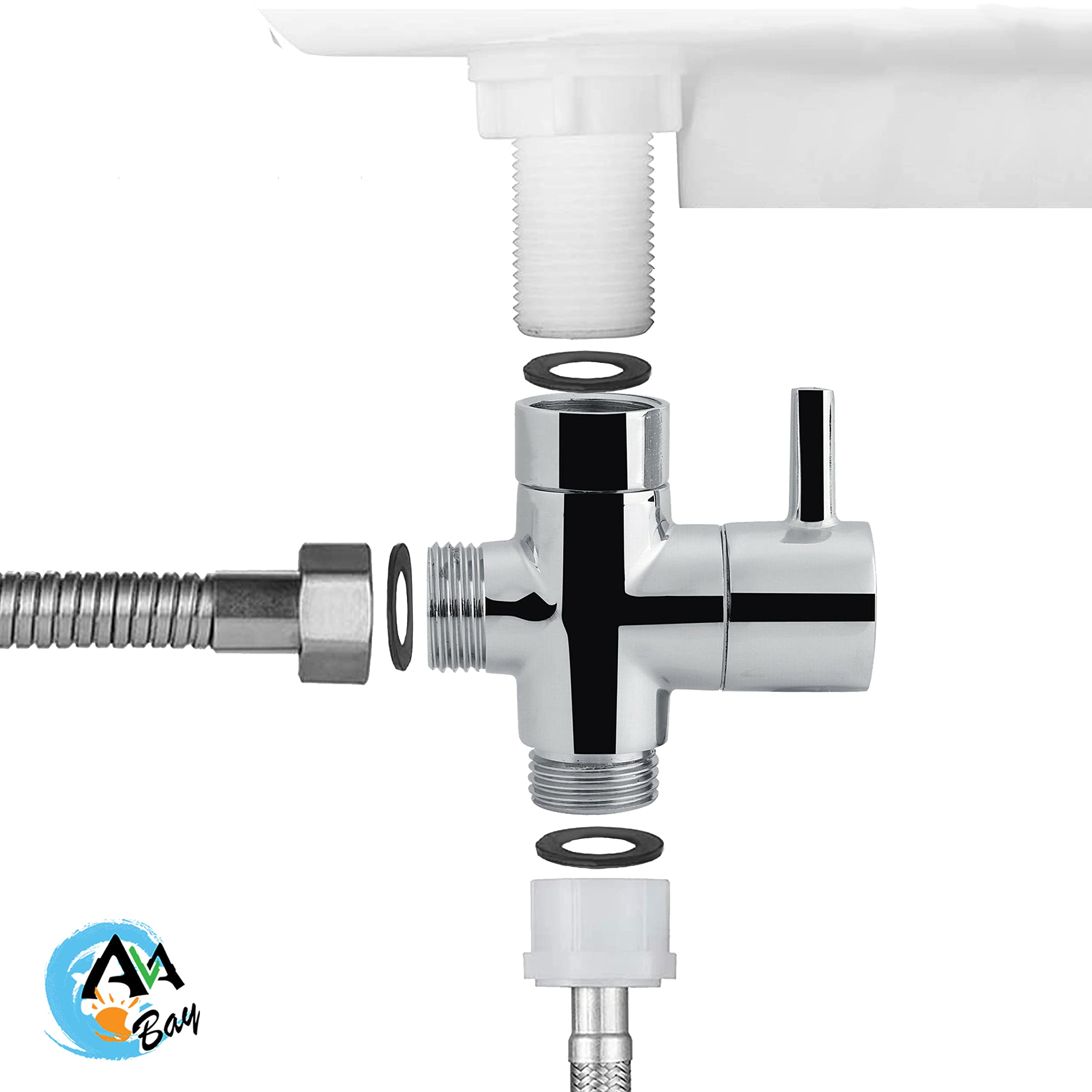 AVAbay All Brass T-Valve with Shut-Off Adapter, 3-Way Tee Connector with Chrome Finish, 3-Way T-Adapter with Shut Off Valve, T Adapter for Handheld Toilet Bidet Spray, 7/8"×7/8"×G1/2