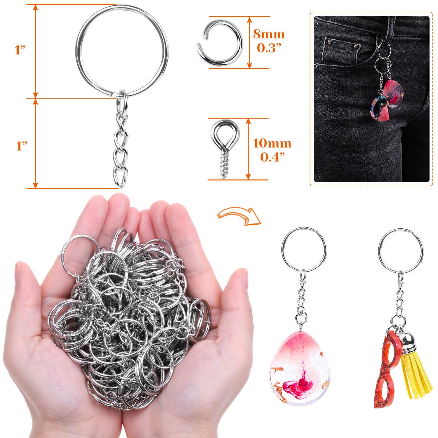 Audab 360Pcs Keychain Bulk, 120Pcs Keychain Rings with Chain and 120Pcs Open Jump Ring with 120Pcs Screw Eye Pins for Crafts and Jewelry Making