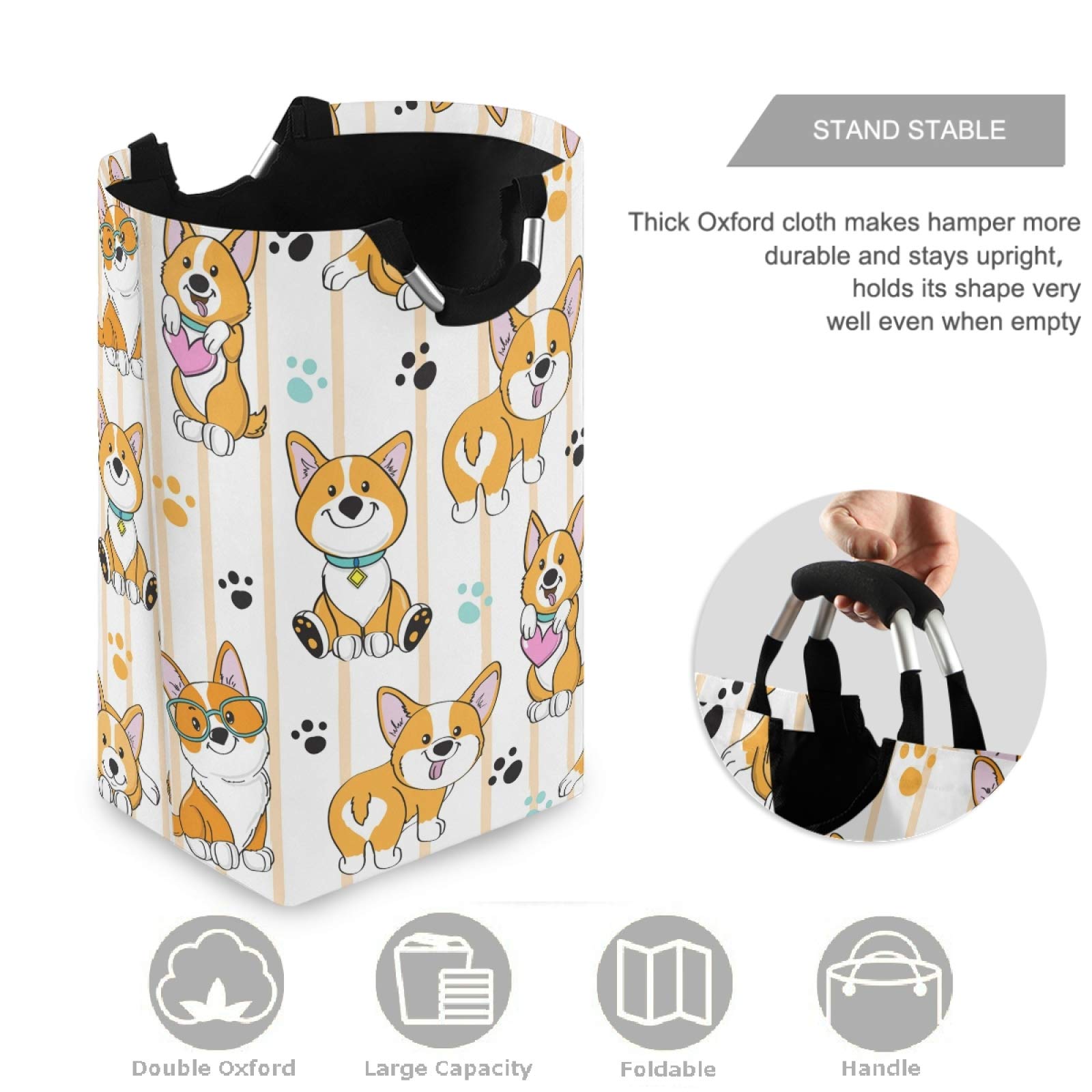 visesunny Large Capacity Laundry Hamper Basket Cartoon Corgi Dog Water-Resistant Oxford Cloth Storage Baskets for Bedroom, Bathroom, Dorm, Kids Room