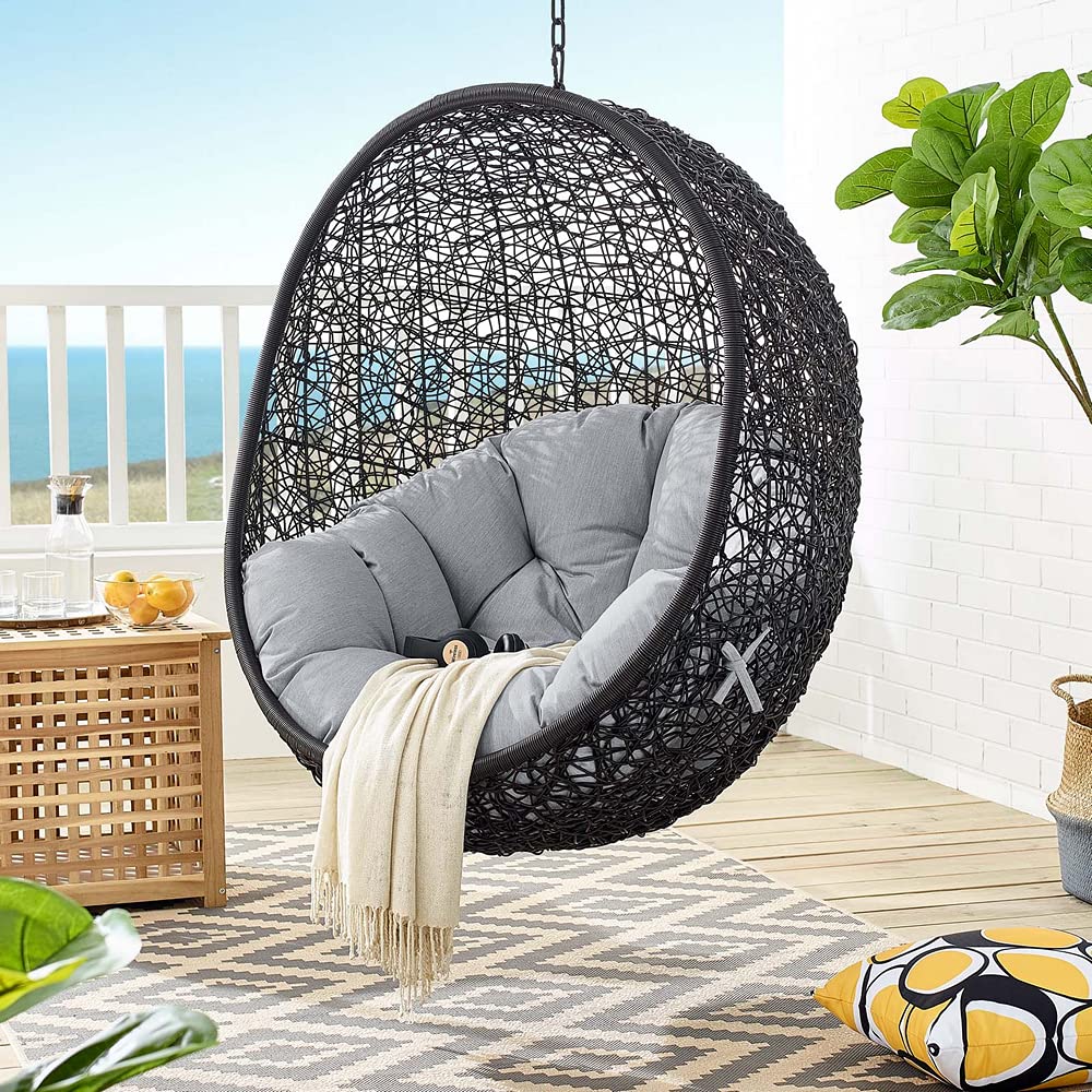 Modway EEI-3635-BLK-GRY Encase Wicker Rattan Outdoor Patio Swing Chair with Hanging Steel Chain in Black Gray