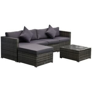 outsunny 6 piece patio furniture set outdoor wicker conversation set all weather pe rattan sectional sofa set with ottoman, cushions and tempered glass table, mixed gray and gray