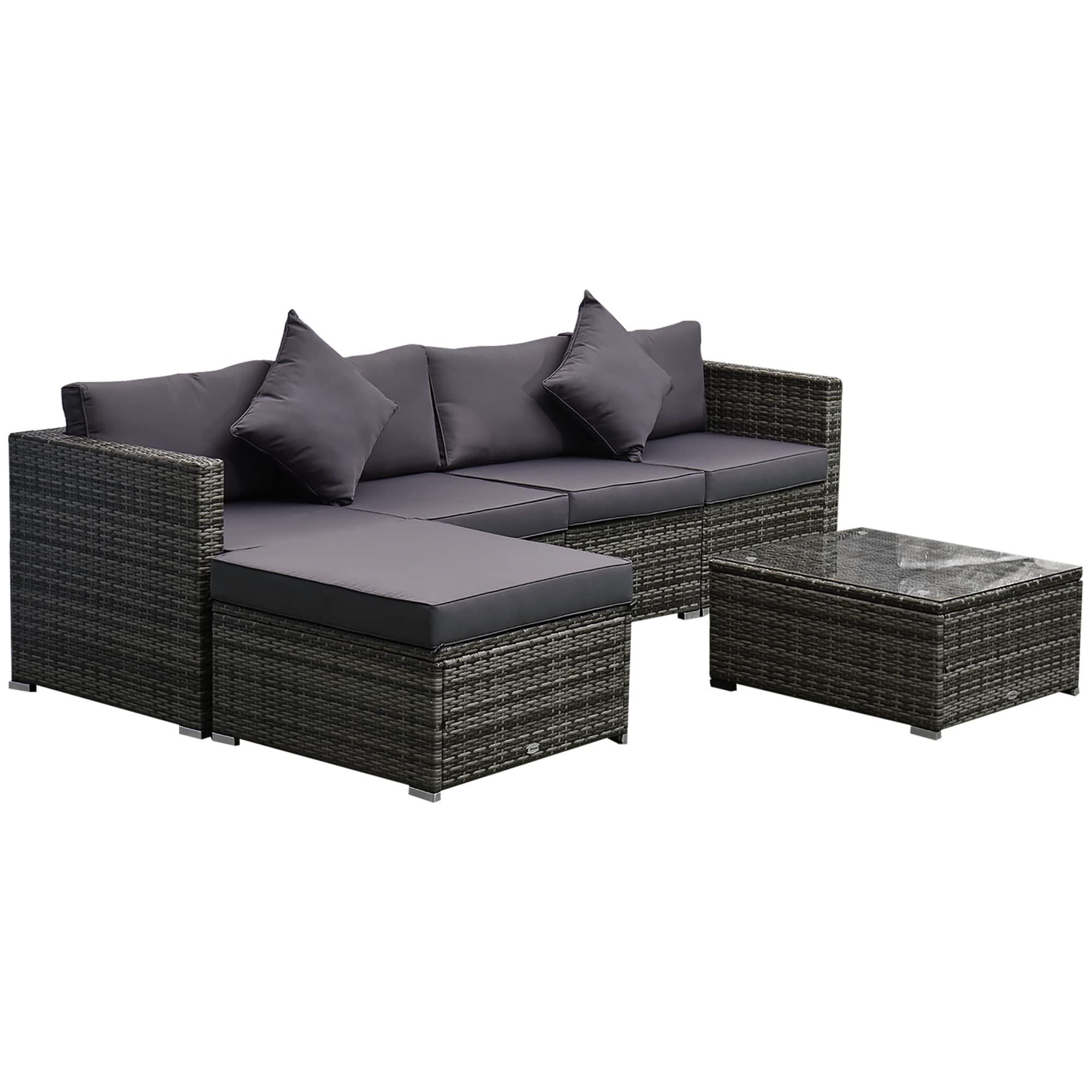 Outsunny 6 Piece Patio Furniture Set Outdoor Wicker Conversation Set All Weather PE Rattan Sectional Sofa Set with Ottoman, Cushions and Tempered Glass Table, Mixed Gray and Gray