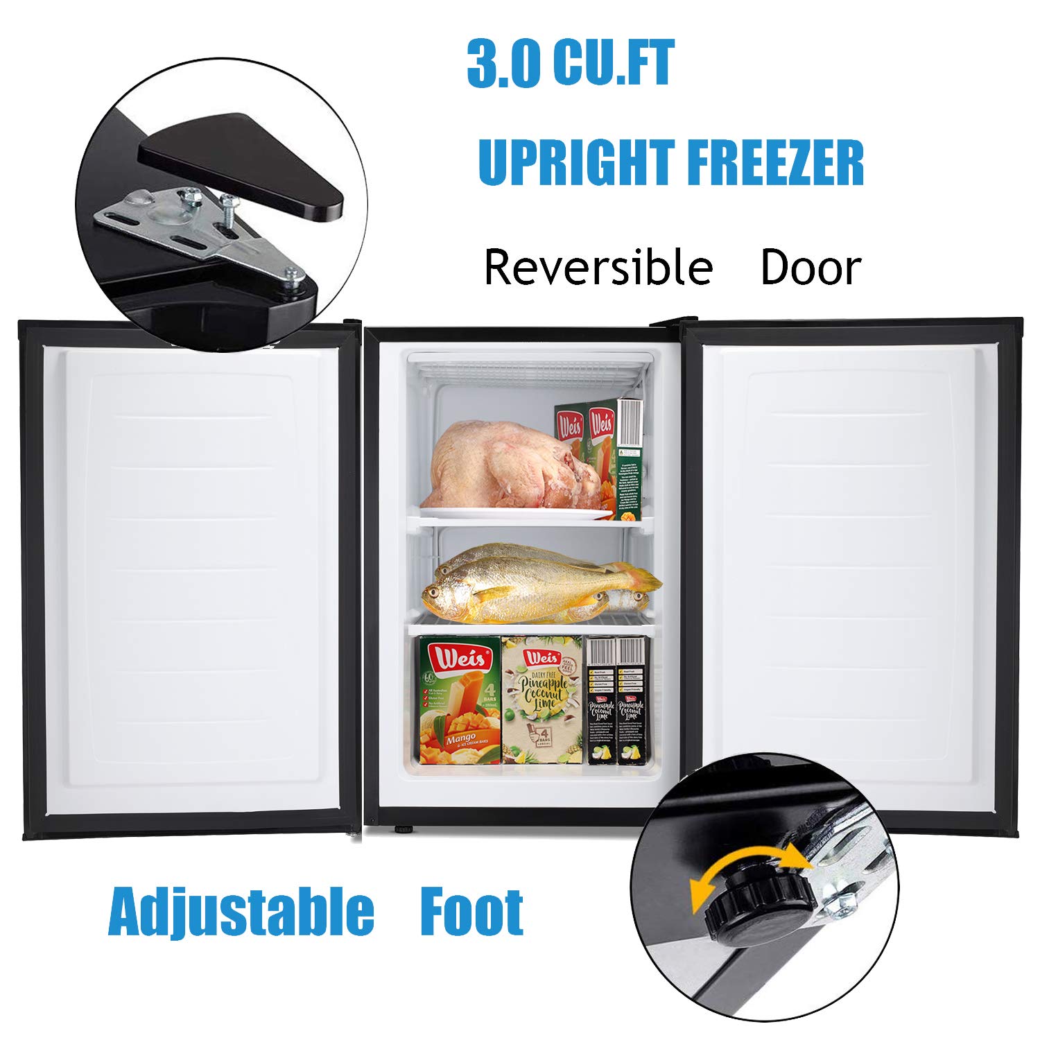 Antarctic Star Upright Freezer 3.0 Cu.ft, Compact Mini Freezer with Reversible Single Door, Temperature Control, Removable Shelves, Small freezer Stainless Steel for Dorms Home Office, Black