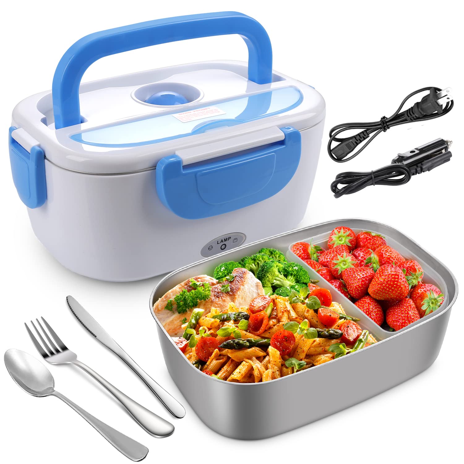 AsFrost Electric Lunch Box Food Heater, LeakProof 12V 24V 110V Portable Food Warmer Heated Lunch Box for Adults Car Truck Work Home, 0.45L Compartments, 1.5L Removable 304 Stainless Steel Container