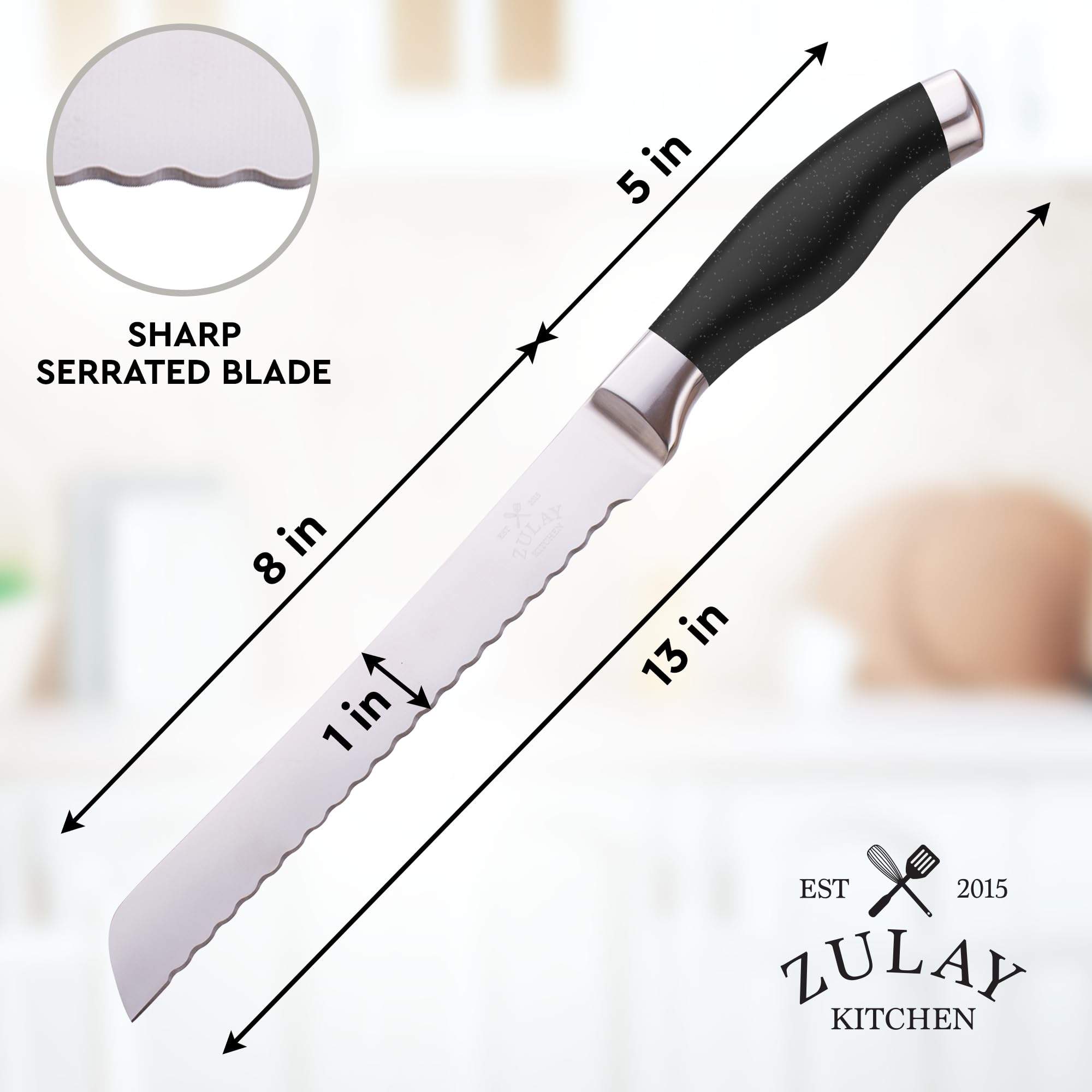 Zulay Serrated Bread Knife - Stainless Steel Bread Knife for Homemade Bread, Cake, Bagel - One Piece Bread Cutter & Slicer with Tip Safety Guard - Sharp 8-Inch Blade & 5-Inch Handle (Black)