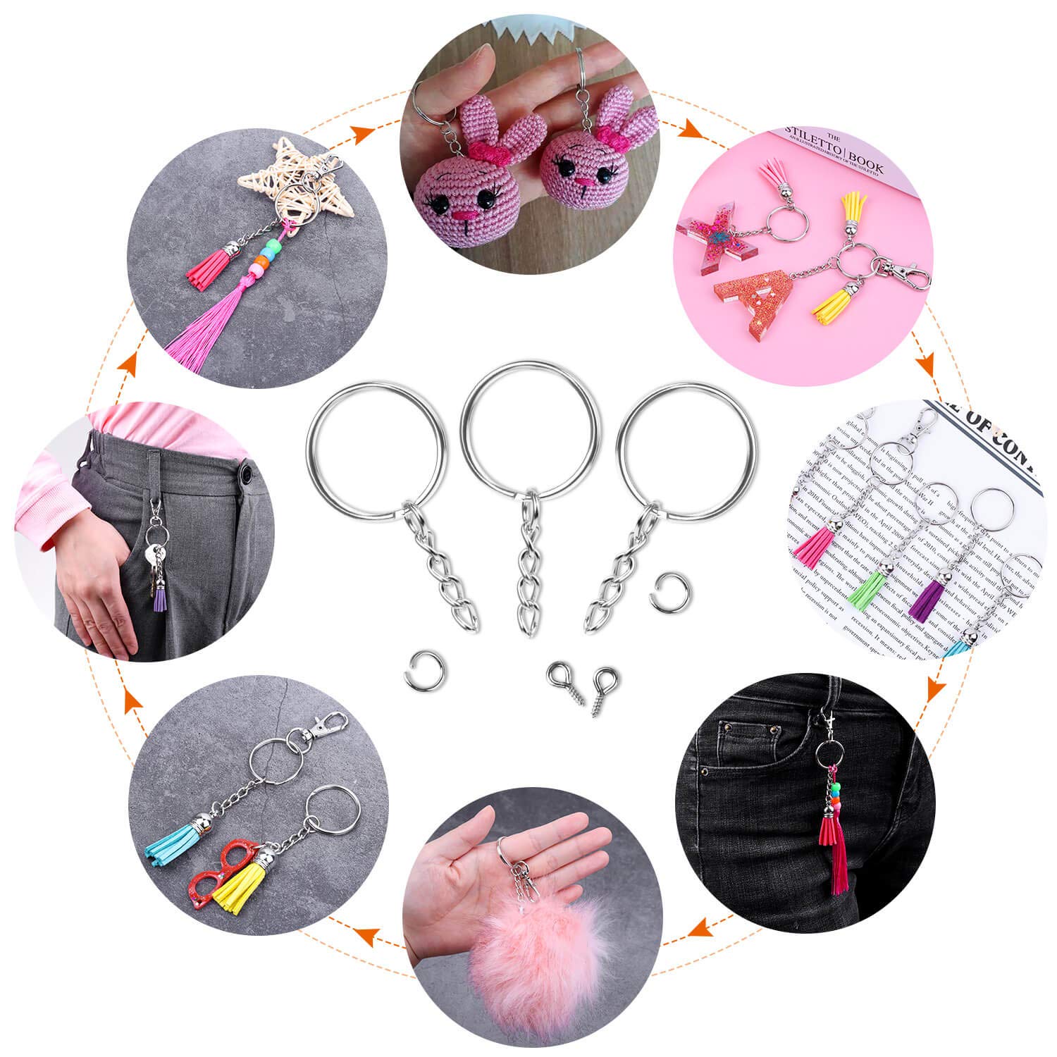 Audab 360Pcs Keychain Bulk, 120Pcs Keychain Rings with Chain and 120Pcs Open Jump Ring with 120Pcs Screw Eye Pins for Crafts and Jewelry Making