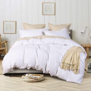 david's home cotton linen duvet cover set, soft and breathable for hot sleepers, textured bedding breathable durable soft comfy 90 x 92 inches (white, queen)