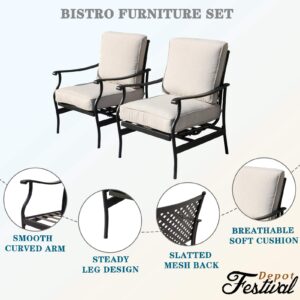 Festival Depot 2 of Outdoor Patio Bistro Armrest Chairs with Cushions Set Premium Fabric Metal Frame Furniture Set Garden Dining Seating Chair Thick & Soft Cushions (Beige)