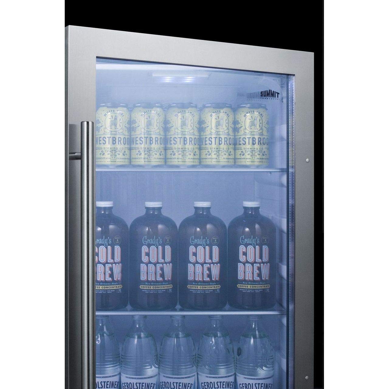 Summit Appliance SPR489OSADA ADA Compliant Commercially Approved Shallow Depth Indoor/Outdoor Beverage Cooler for Built-in or Freestanding Use with Glass Door, Black Cabinet, Auto Defrost