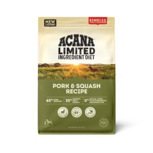 acana singles limited ingredient dry dog food, grain free, high protein, pork & squash recipe, 4.5 lb