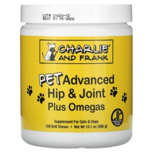 charlie and frank pet advanced hip & joint plus omegas, for cats & dogs, 120 soft chews, 10.1 oz (288 g)