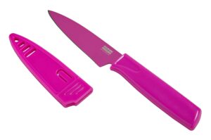 kuhn rikon colori non-stick straight paring knife with safety sheath, 4 inch/10.16 cm blade, dragon fruit