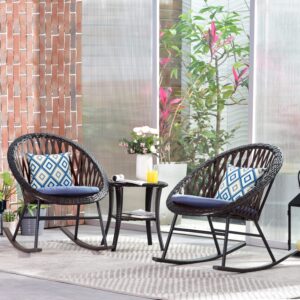 ovios 3 piece patio rocking bistro set,patio outdoor furniture, porch rocking chairs conversation sets with glass coffee table for small space,deck,terrace (blue)