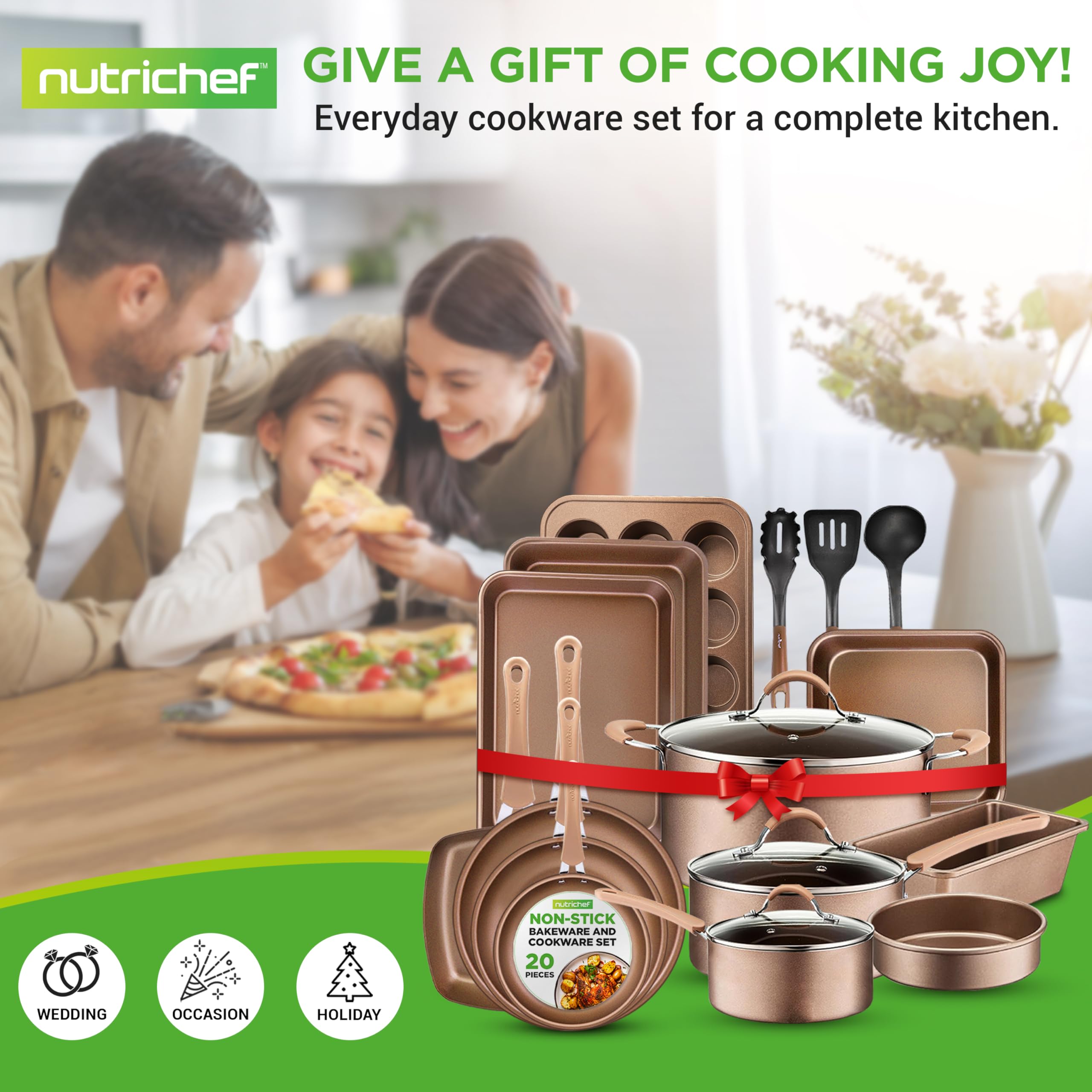 NutriChef 20-Piece Nonstick Kitchen Cookware Set - PFOA/PFOS-Free Heat Resistant Lacquer Kitchenware w/ Bakeware, Frying Pans, Cooking Pots, Utensils