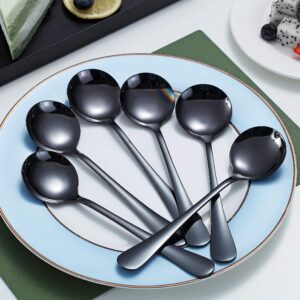 Black Soup Spoons, Kyraton 6 Pieces Stainless Steel Round Spoons With Black Titanium Plating, Black Dinner Spoon Table Spoon, Spoons Silverware Dishwasher Safe Set of 6