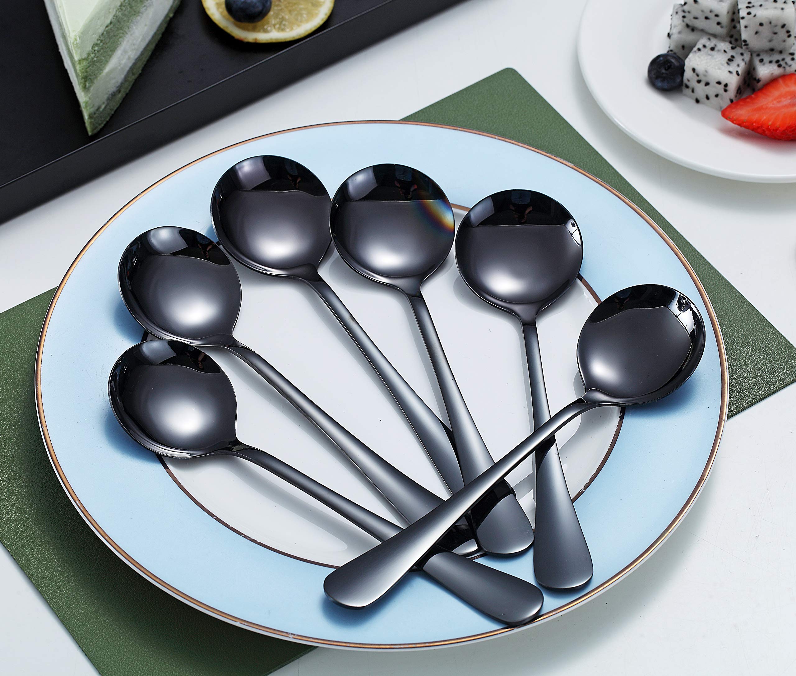 Black Soup Spoons, Kyraton 6 Pieces Stainless Steel Round Spoons With Black Titanium Plating, Black Dinner Spoon Table Spoon, Spoons Silverware Dishwasher Safe Set of 6