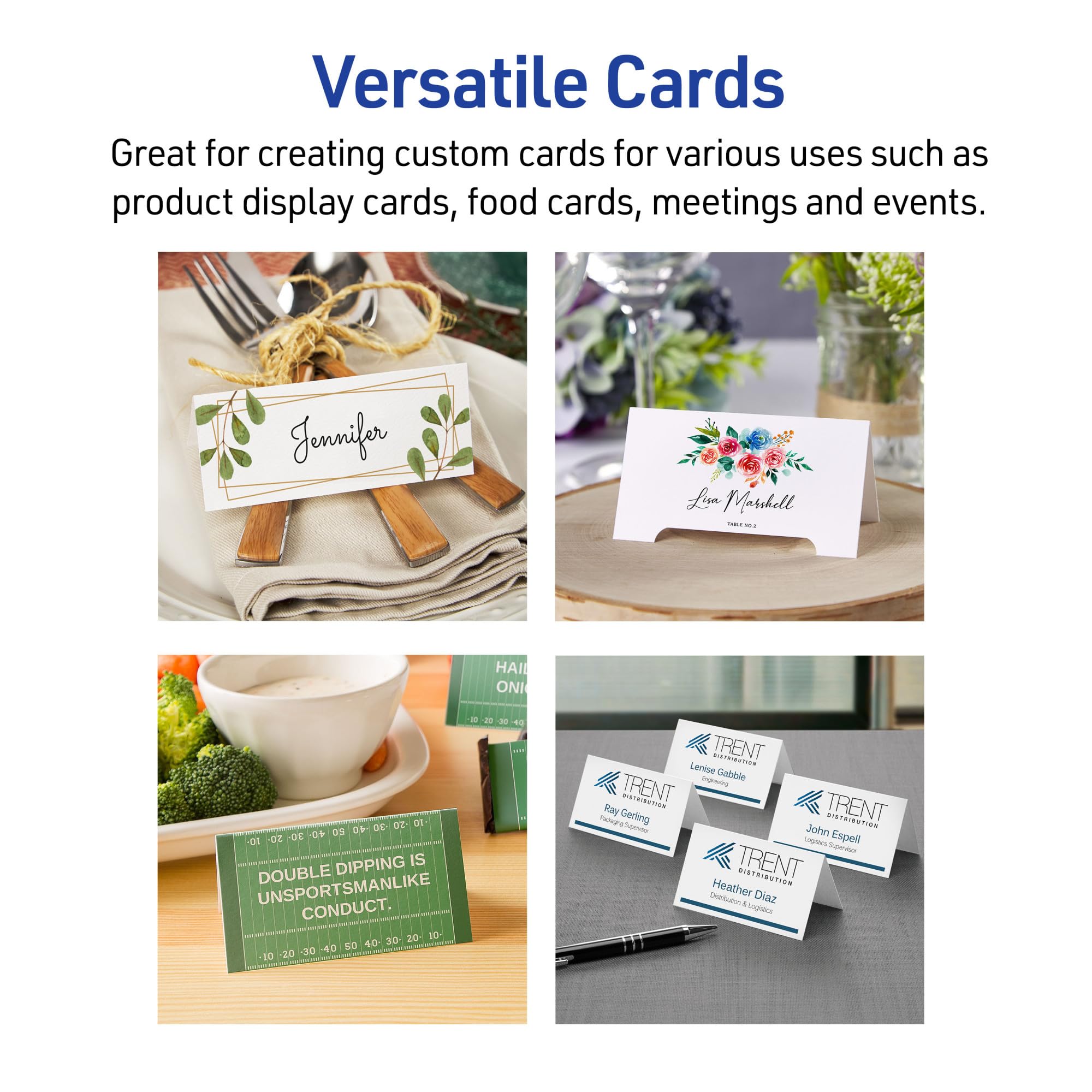 Avery Printable Place Cards with Sure Feed Technology, 1-7/16" x 3-3/4", White with Gold Border, 150 Blank Tent Cards for Laser or Inkjet Printers (35701)