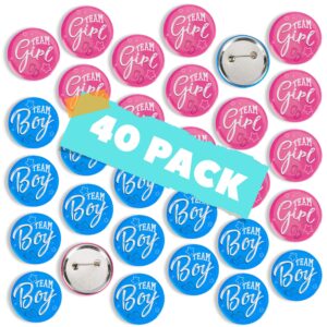 corrure 40pcs gender reveal buttons pins - 2.0" premium metal badge pins for team boy and team girl baby shower games - large design to stand out - ideal gender reveal party supplies and decorations