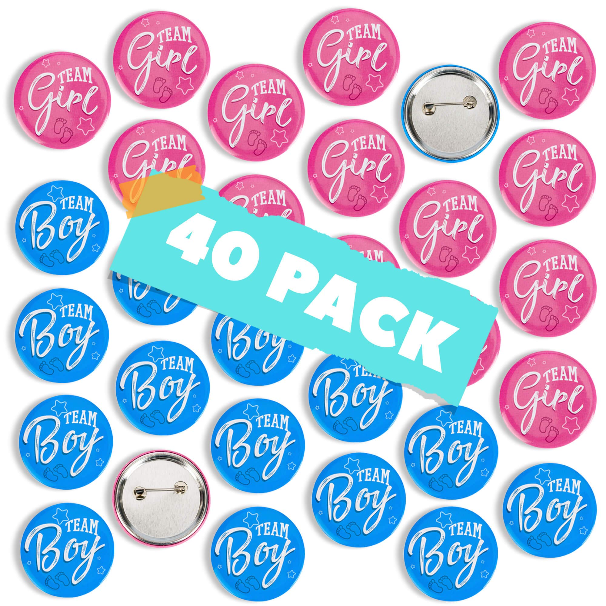 CORRURE 40pcs Gender Reveal Buttons Pins - 2.0" Premium Metal Badge Pins for Team Boy and Team Girl Baby Shower Games - Large Design to Stand Out - Ideal Gender Reveal Party Supplies And Decorations