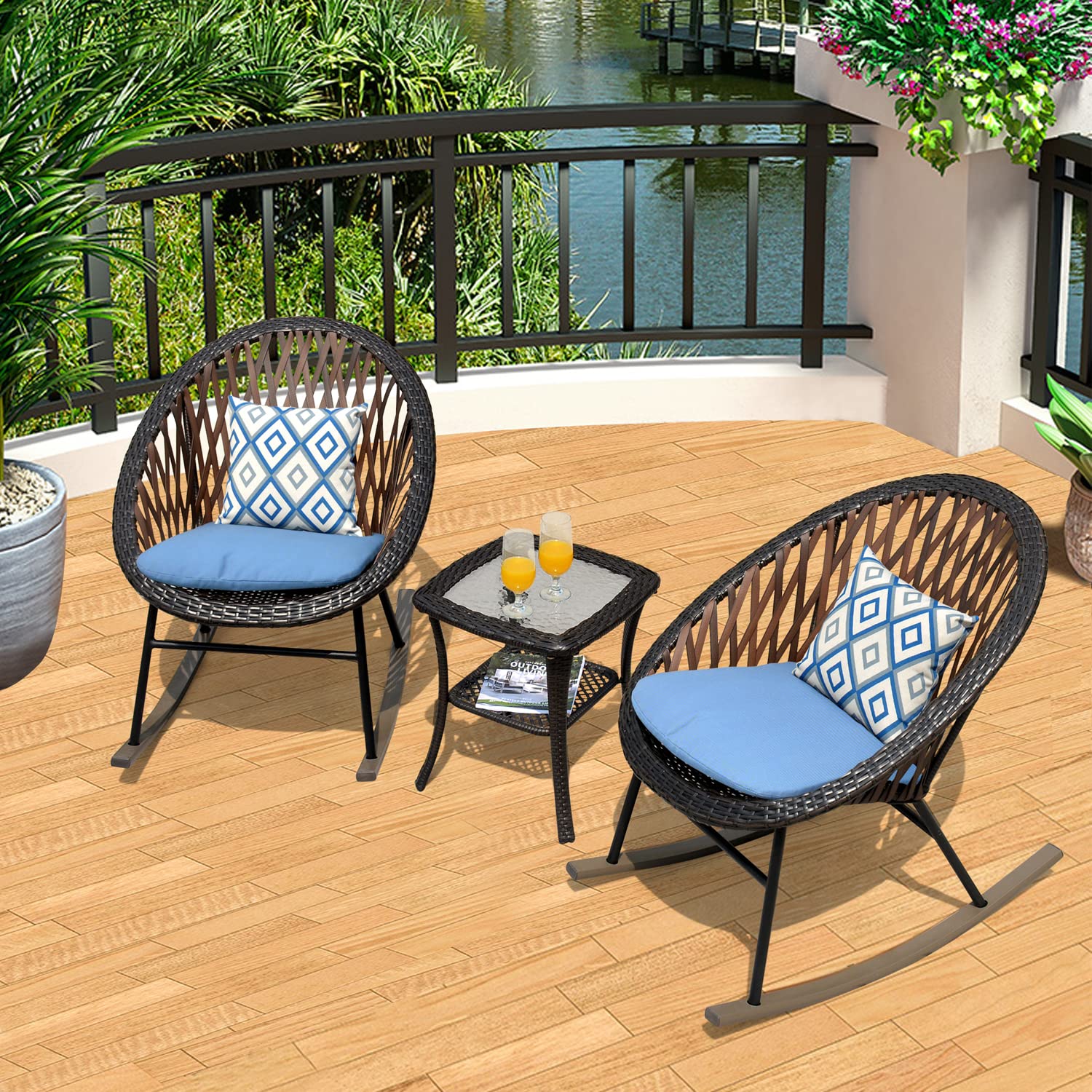 ovios 3 Piece Patio Rocking Bistro Set,Patio Outdoor Furniture, Porch Rocking Chairs Conversation Sets with Glass Coffee Table for Small Space,Deck,Terrace (Blue)